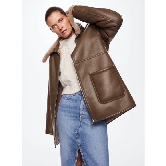 Mango | Jackets & Coats | Nwt Mango Oversized Brown Leather Shearling ...